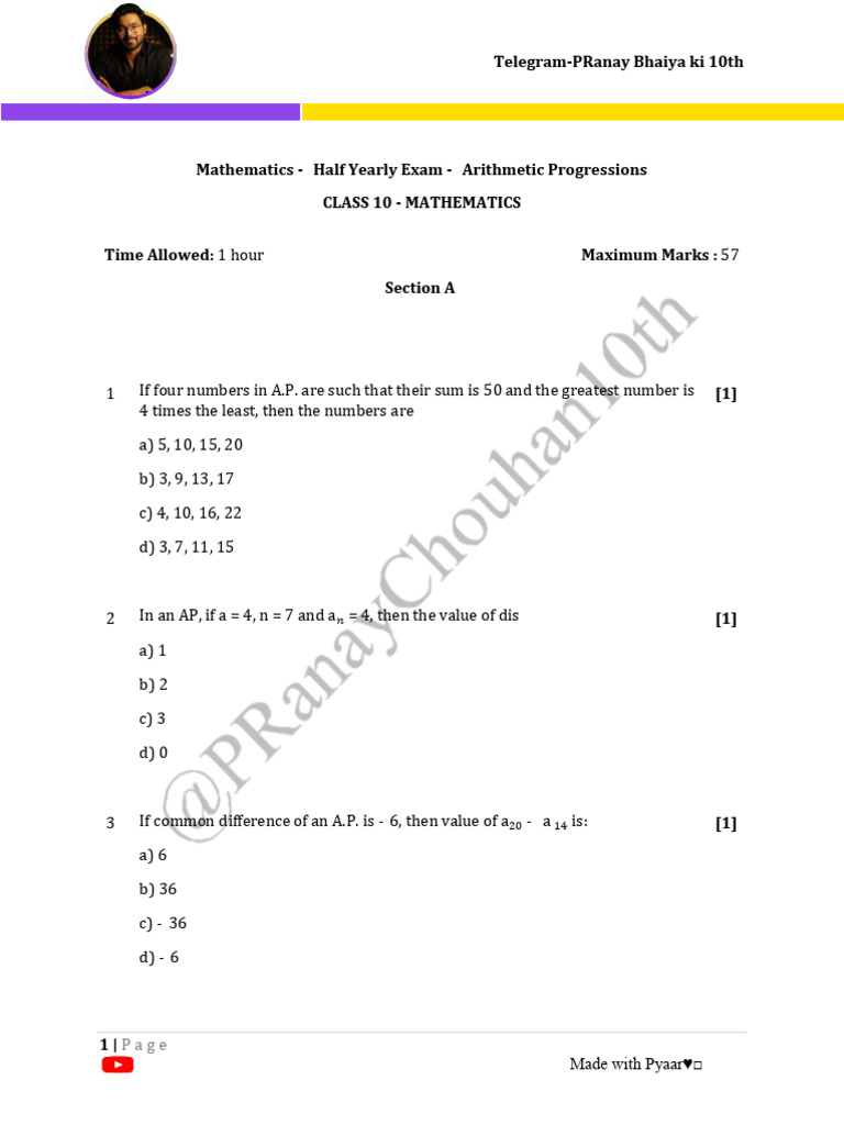 Mathematics Half Yearly Exam Arithmetic Progressions | PDF | Arithmetic | Mathematics