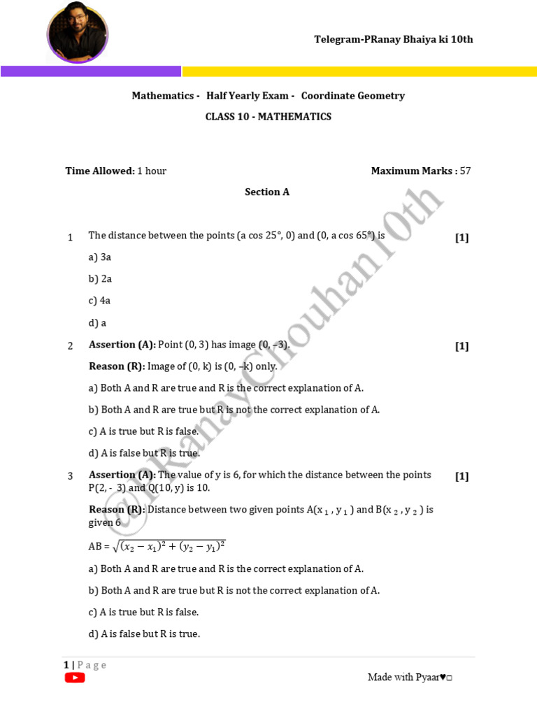 Class 10 Mathematics: Coordinate Geometry Exam | PDF | Euclidean ...