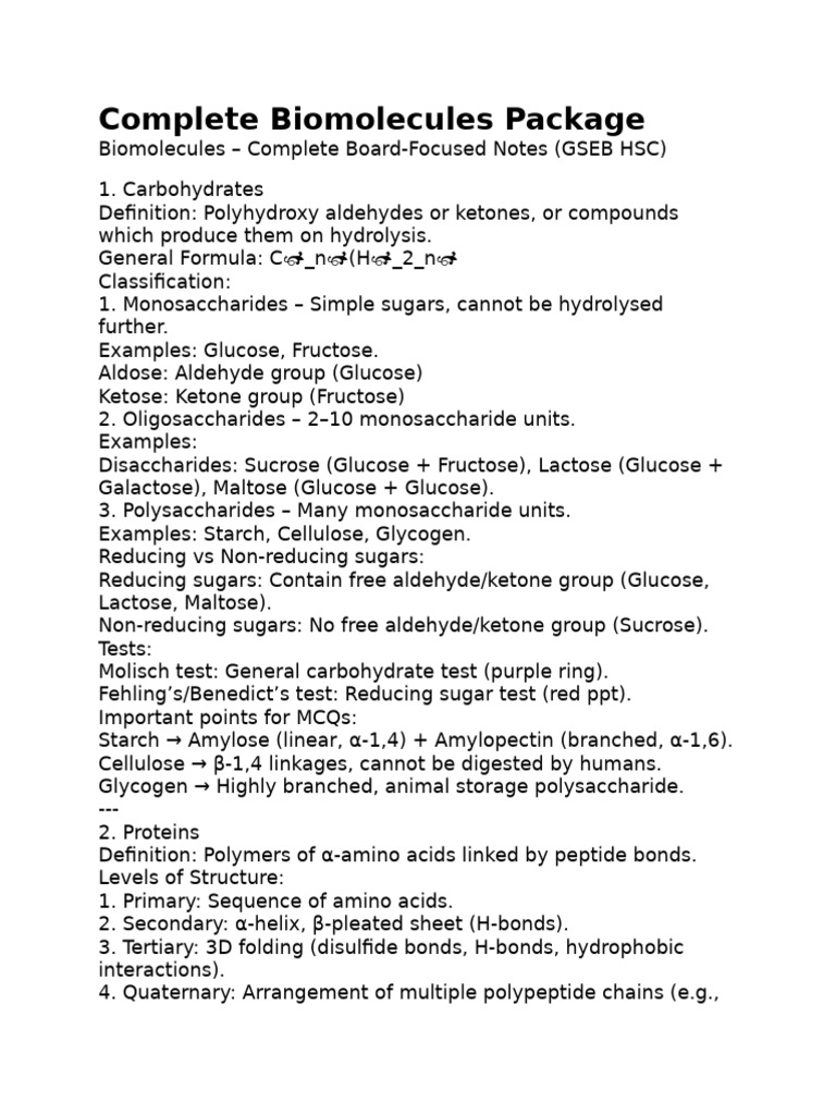 Complete Biomolecules Package | PDF | Carbohydrates | Glucose