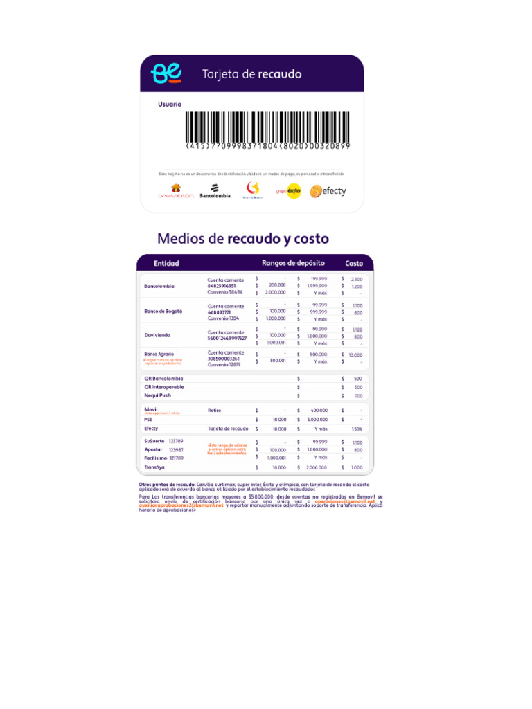 Tarjeta de Recaudo: Uso y Procedimientos | PDF