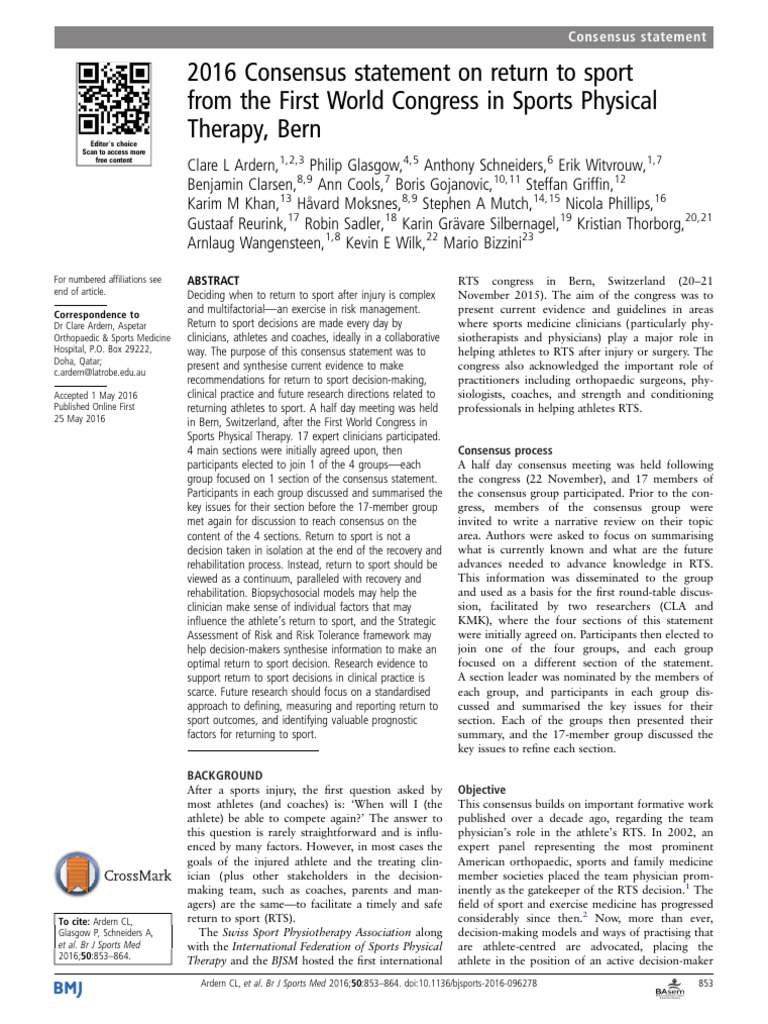 Return to Sport Consensus 2016 | PDF | Risk