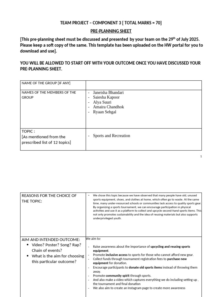Pre Planning Sheet - Ryaan, Janeisha, Amaira, Alya and Saiesha | PDF