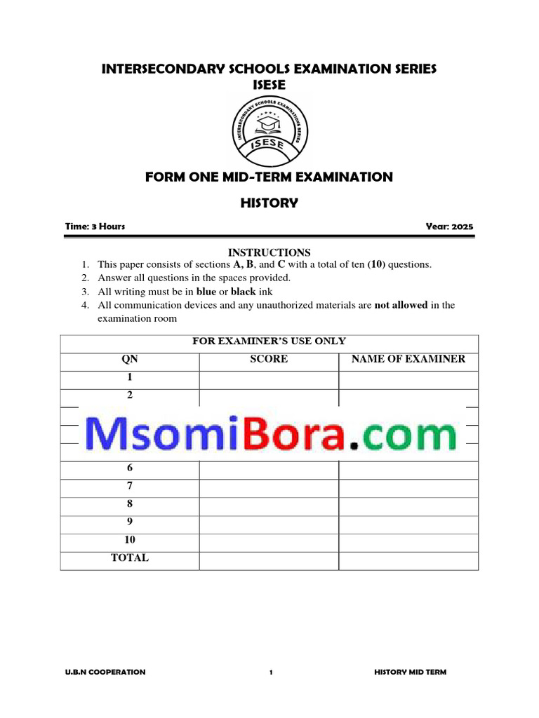 Form One History Mid-Term Exam 2025 | PDF | Homo | Stone Age