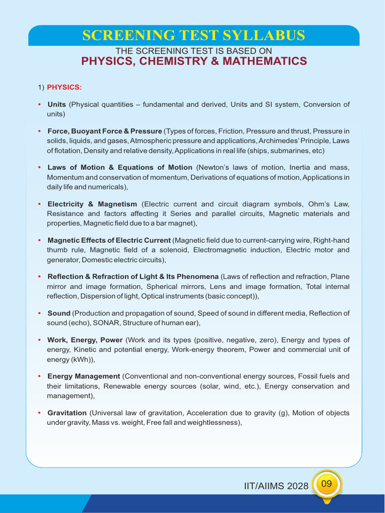 IIT/AIIMS 2028 Screening Test Syllabus | PDF | Chemistry | Force