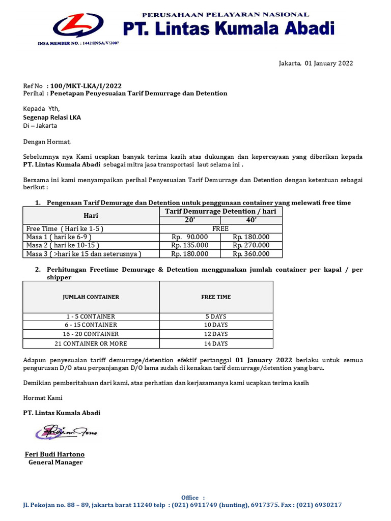 Penyesuaian Tarif Demurrage 2022 LKA | PDF