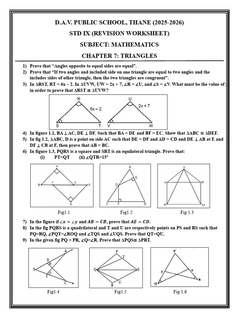 Class 9 Triangles Revision Worksheet | PDF | Triangle | Euclidean Geometry