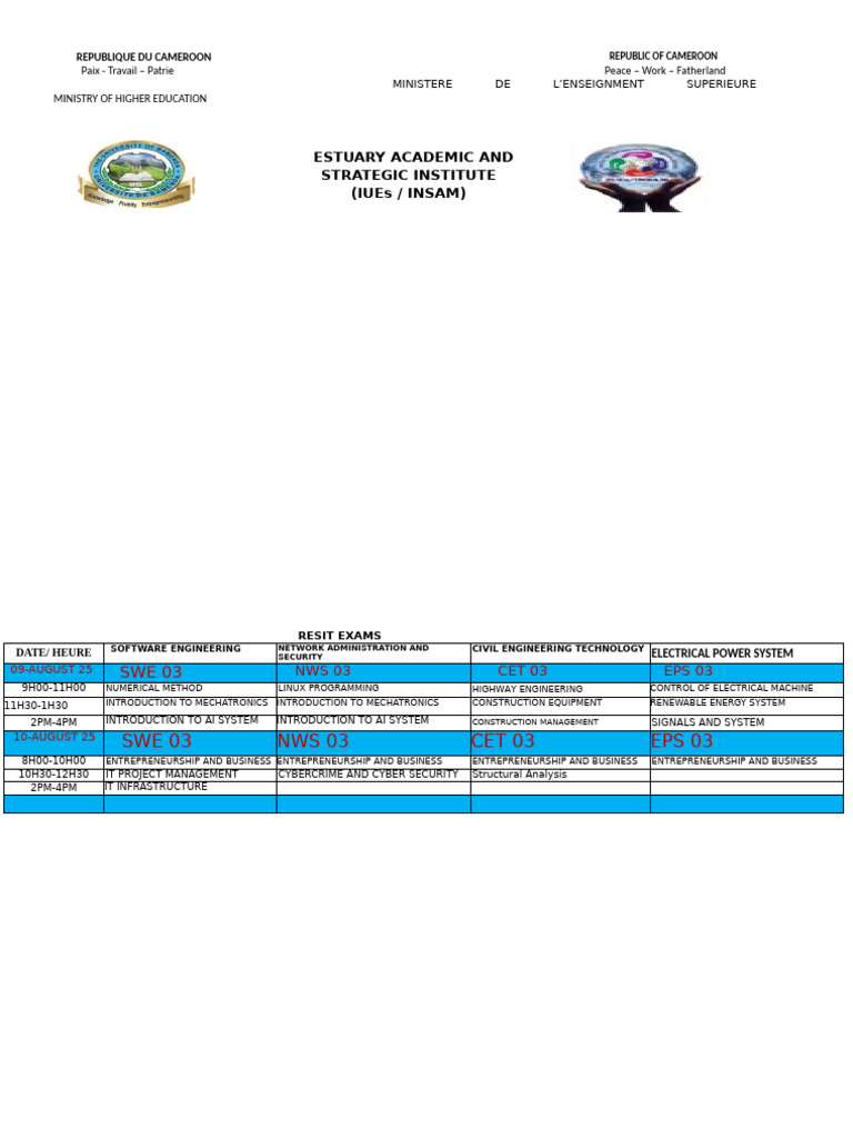 Resit Exams Time Table Indust | PDF