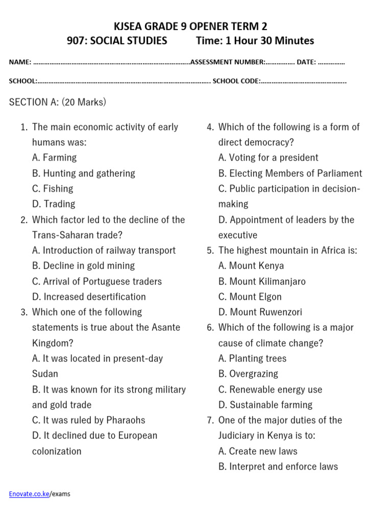 Grade 9 Social Studies Exam Paper | PDF | East Africa | Kenya