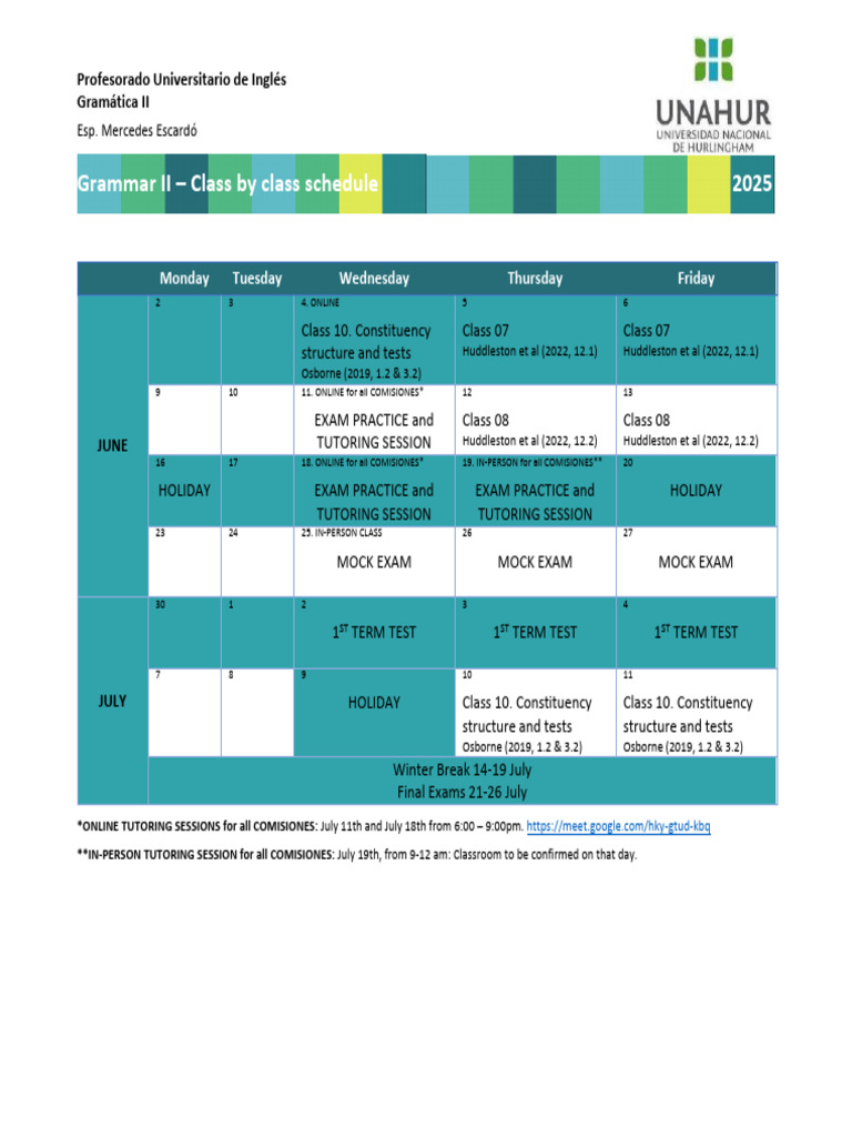 Grammar II - Class-By-Class Schedule. JUNE-JULY 2025 | PDF