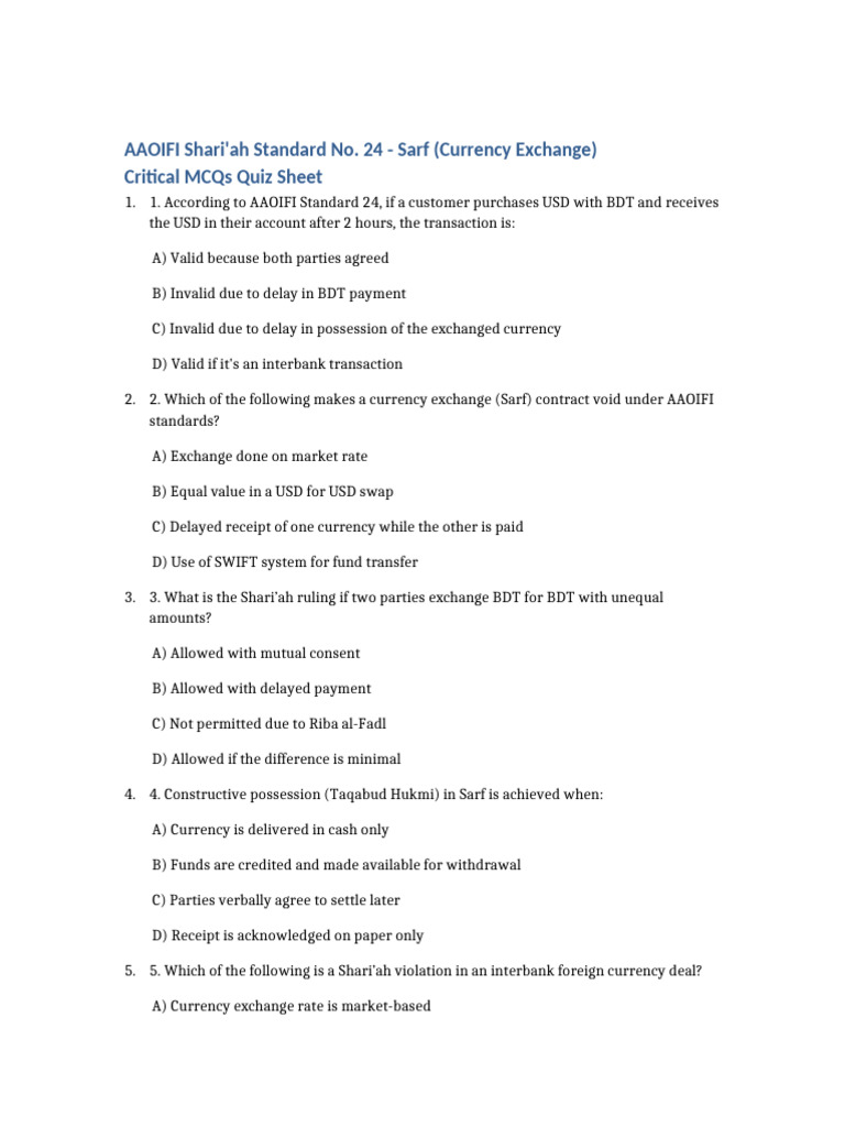 AAOIFI Sarf Critical MCQs Quiz Sheet | PDF