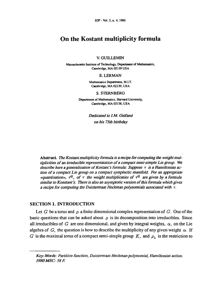 On Konstant Multiplicity Formula - GLS | PDF | Distribution (Mathematics) | Geometry
