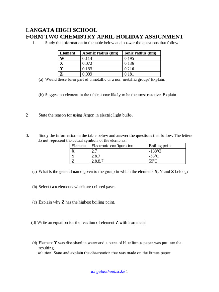 Form 2 Chemistry April Holiday Assignment 2020 | PDF | Chemical Elements | Chemical Compounds