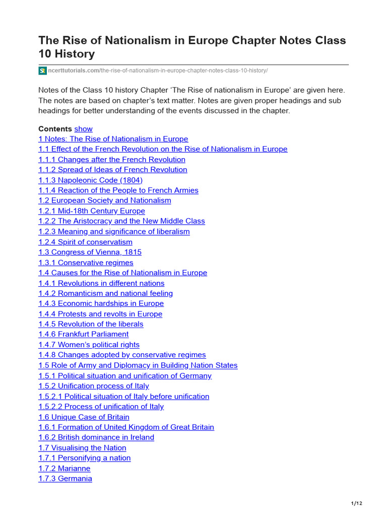 The Rise of Nationalism in Europe Chapter Notes Class 10 History | PDF ...