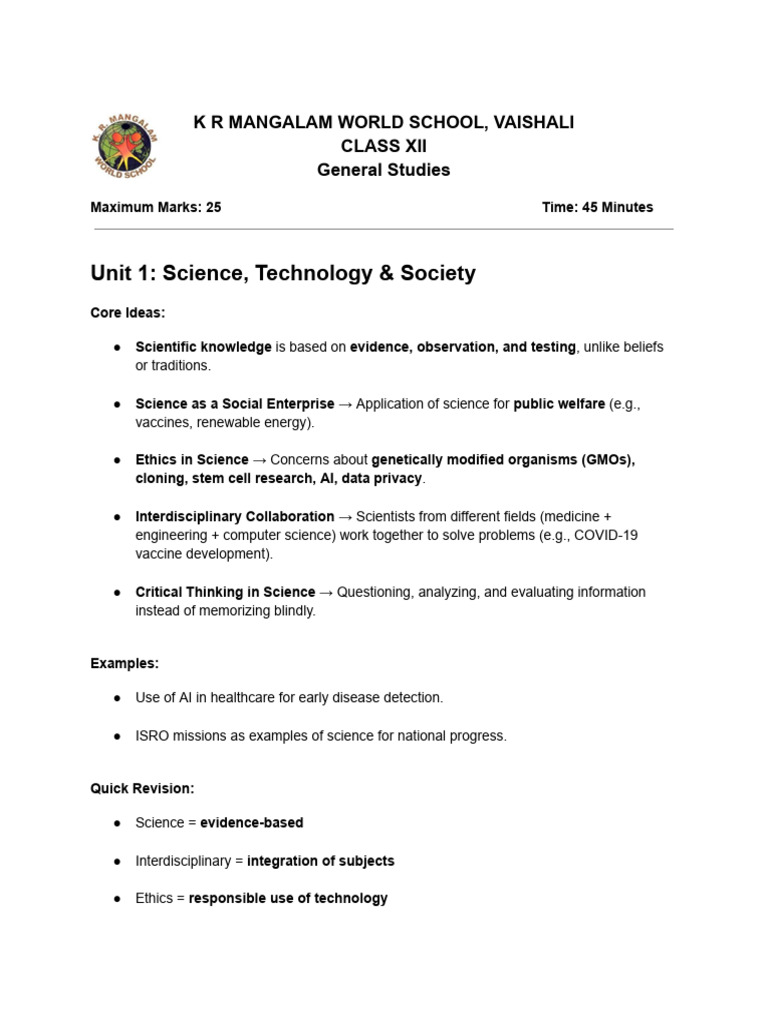 General Studies Class XII Overview | PDF | Human Rights | Science