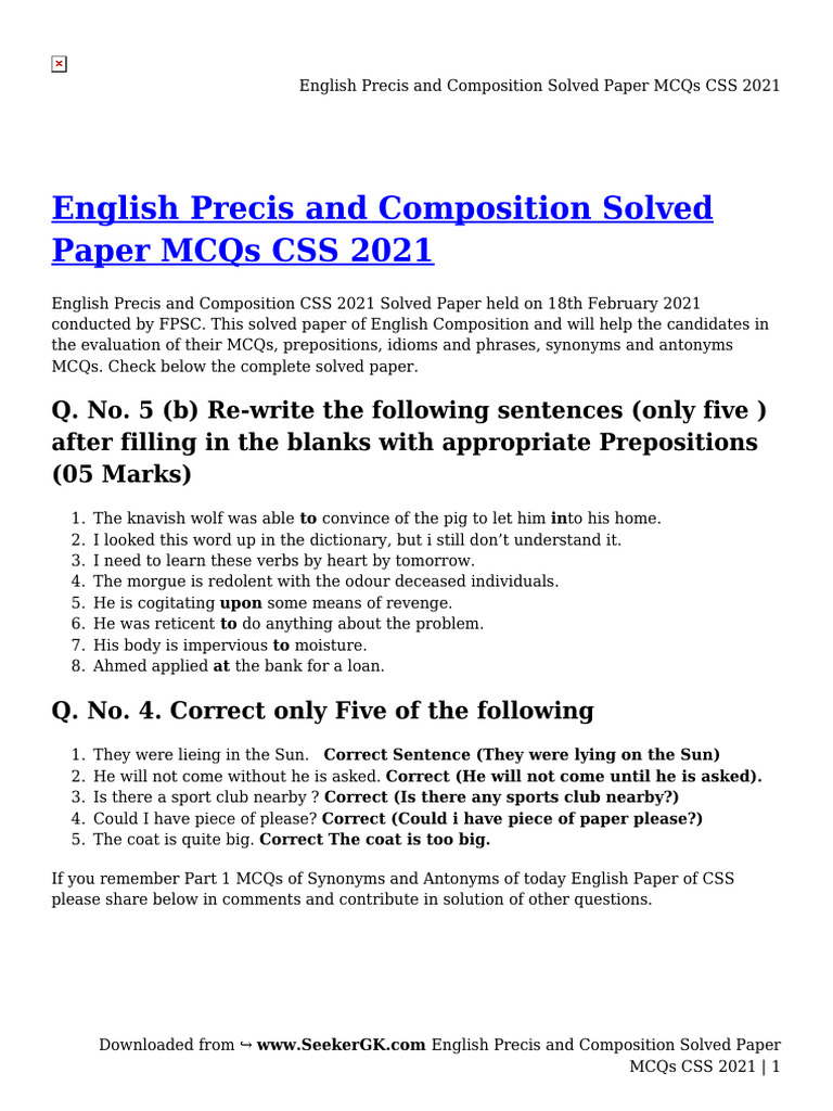 English Precis and Composition Solved Paper MCQs CSS 2021 | PDF | Grammar | Linguistics