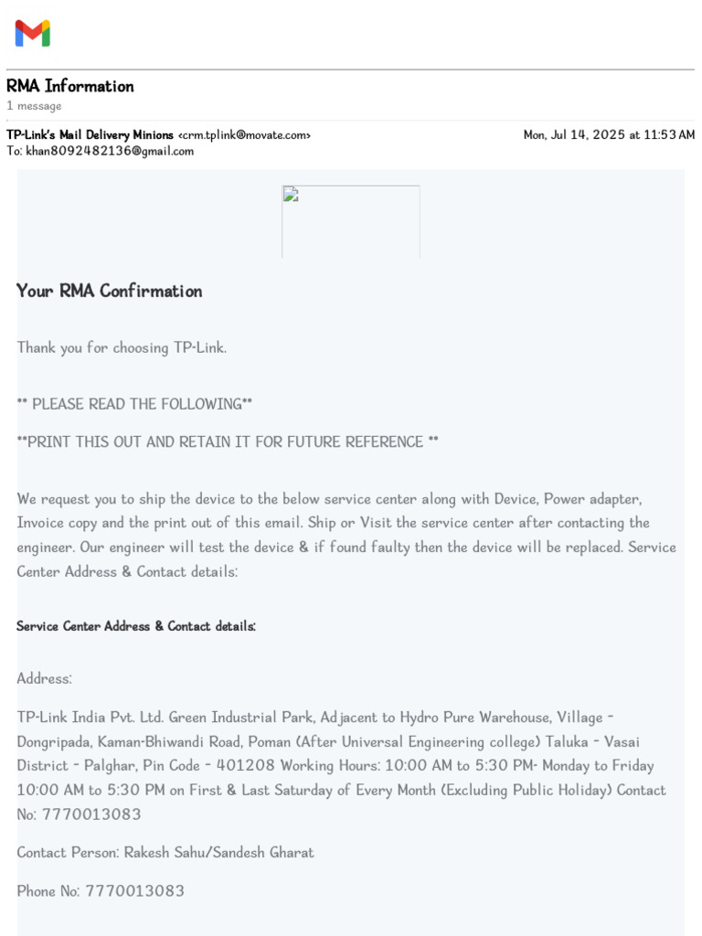 Gmail - RMA Information | PDF