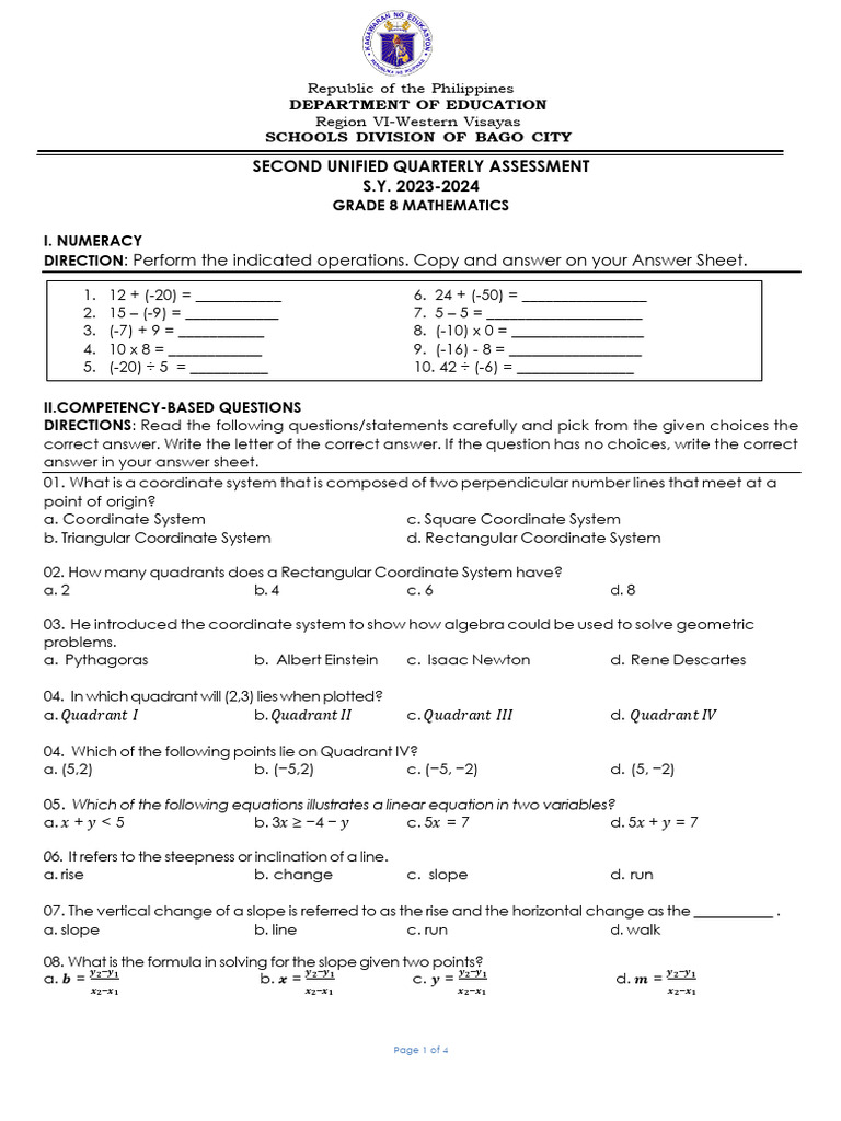 Grade 8 (Quarter 2 S.Y. 2023-2024) | PDF | Cartesian Coordinate System ...