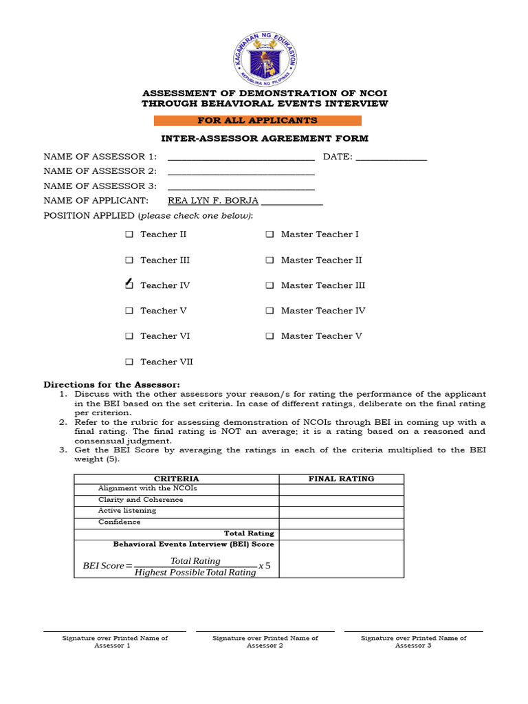 BORJA - REA LYN - NCOI BEI Inter-Assessor Agreement Form For All ...