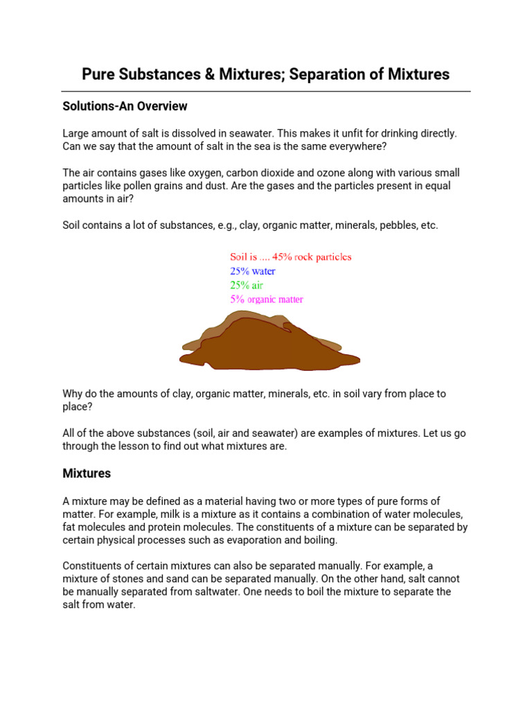 Pure Substances & Mixtures Separation of Mixtures | PDF | Mixture ...