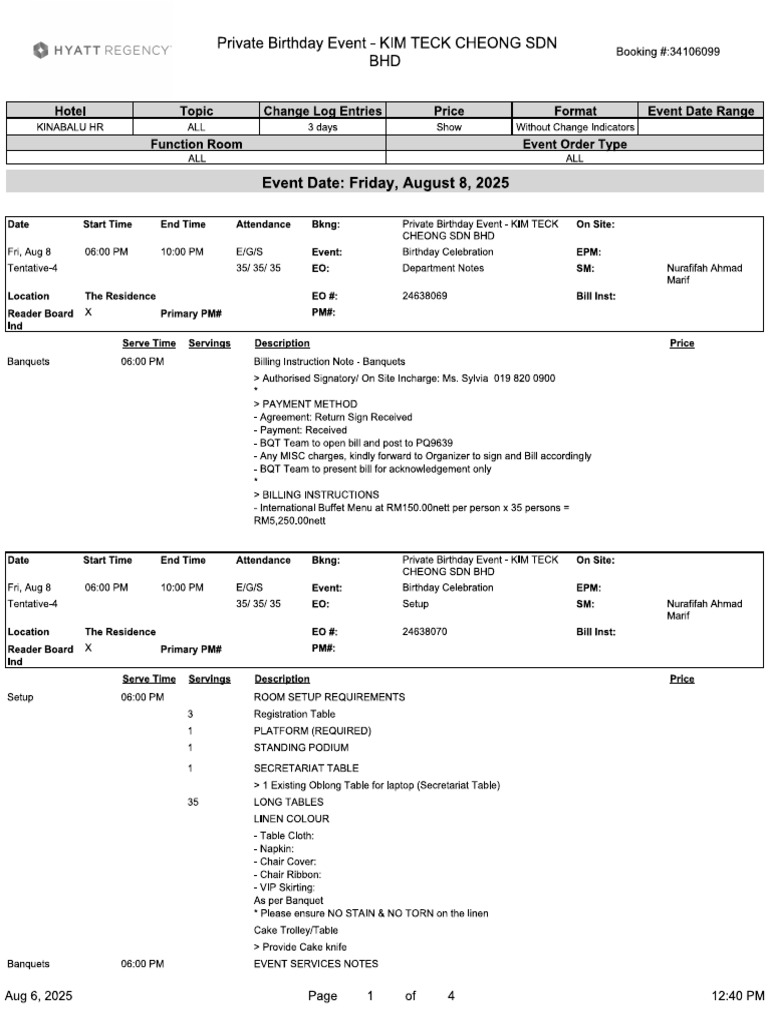 8 Aug BEO KimTechCheong Dinner TheResidence | PDF