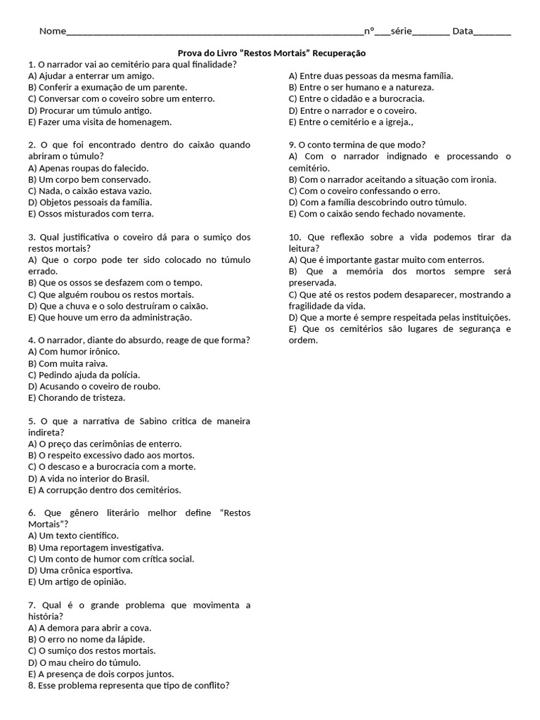 Prova sobre "Restos Mortais" - Questões e Análise | PDF | Enterro ...