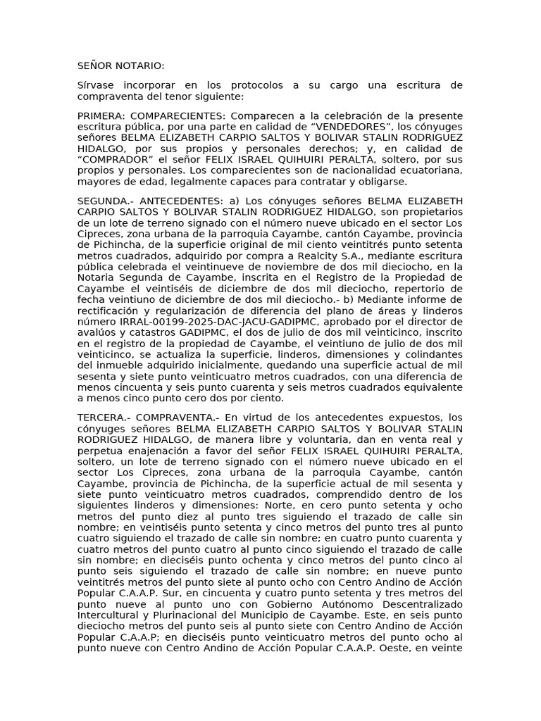 Compraventa de Terreno en Cayambe | PDF