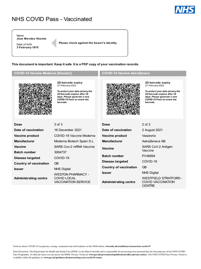 Nhs Covid Pass - Vaccinated: Covid-19 Vaccine Moderna (Booster) Covid-19 Vaccine Astrazeneca ...