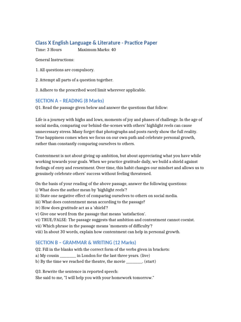 Class X English Practice Paper | PDF | Contentment