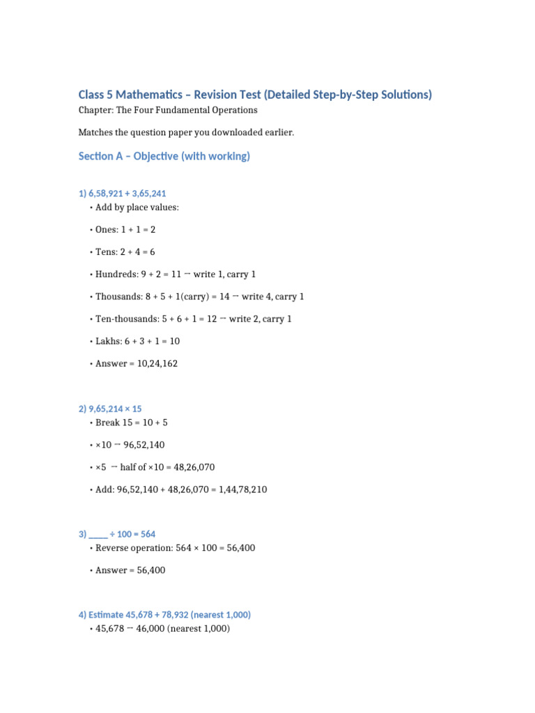 Class 5 Math Revision Test Solutions | PDF | Elementary Mathematics ...