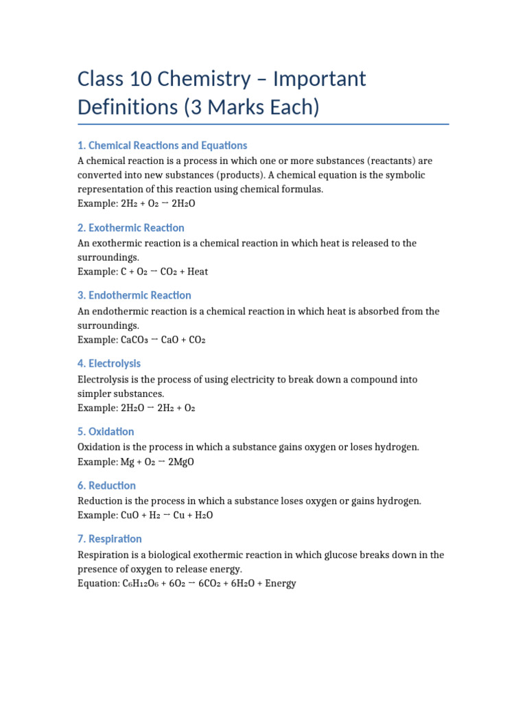 Class 10 Chemistry Key Definitions | PDF