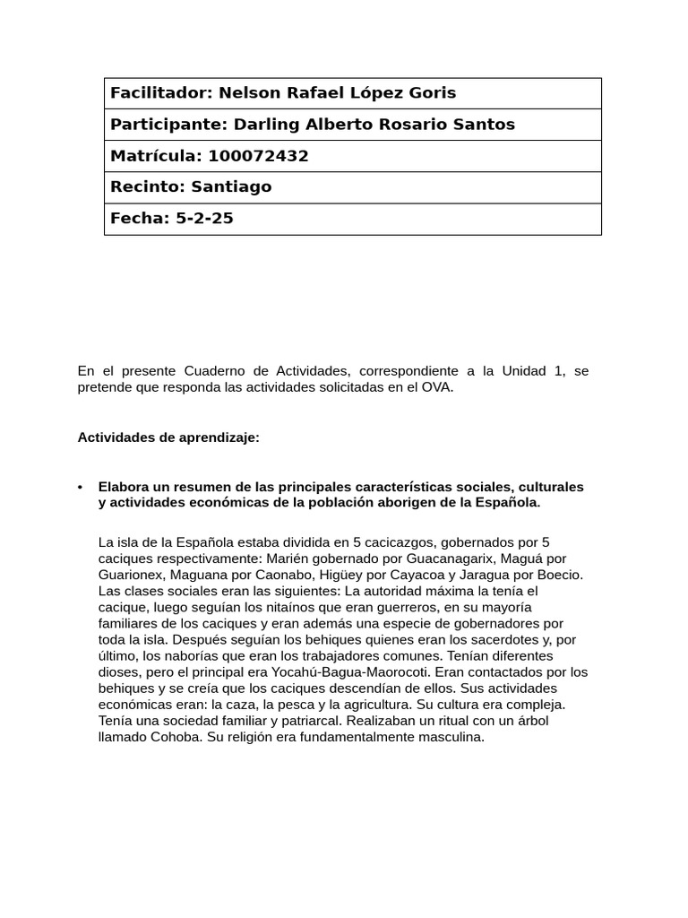 Historia Dominicana. (FGC-101_Trimest.) Cuaderno de Actividades. Unidad 1(1) | PDF