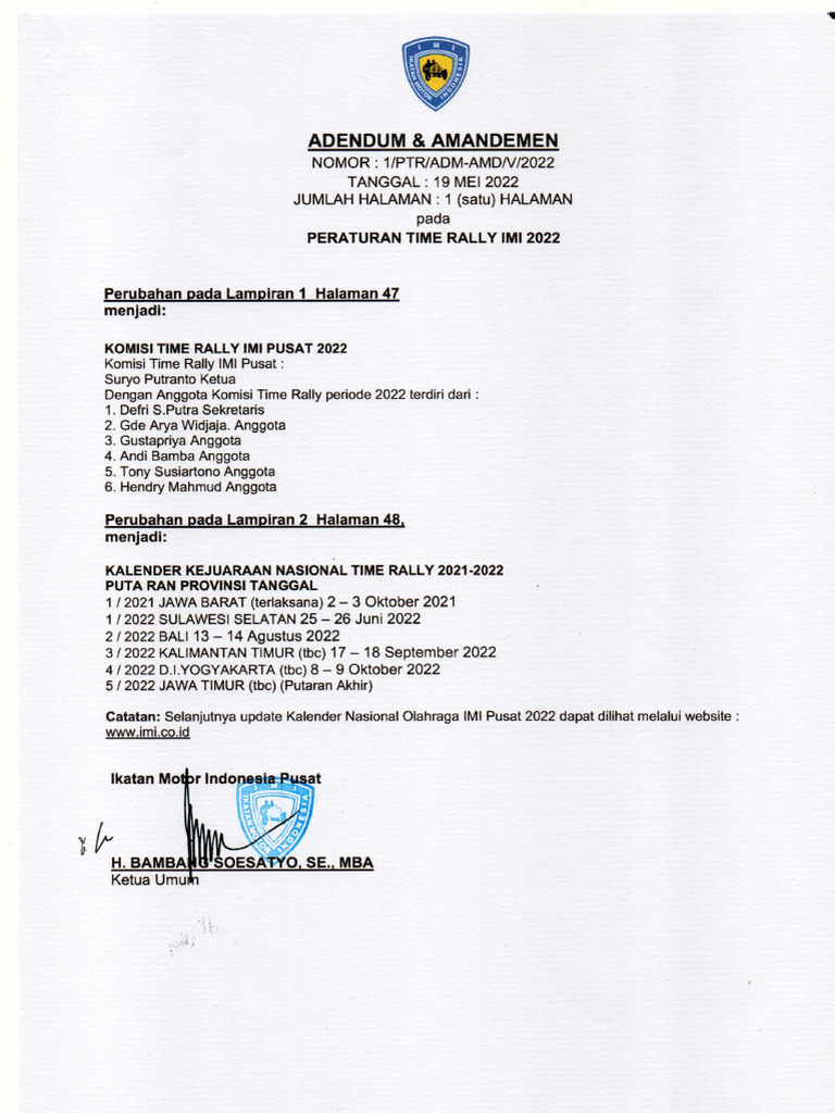 Adendum & Amandemen Peraturan Time Rally Imi 2022 No 1 | PDF