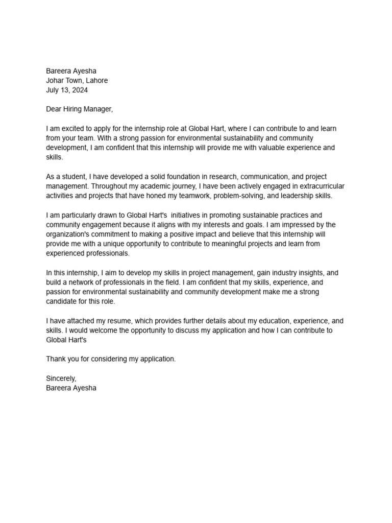 Bareera Ayesha Cover Letter Global Hart | PDF