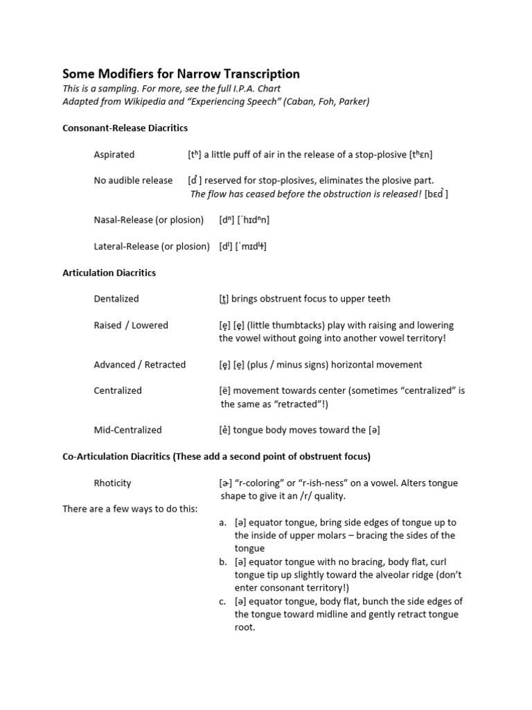 Some Modifiers for Narrow Transcription | PDF | Phonetics | Human Voice