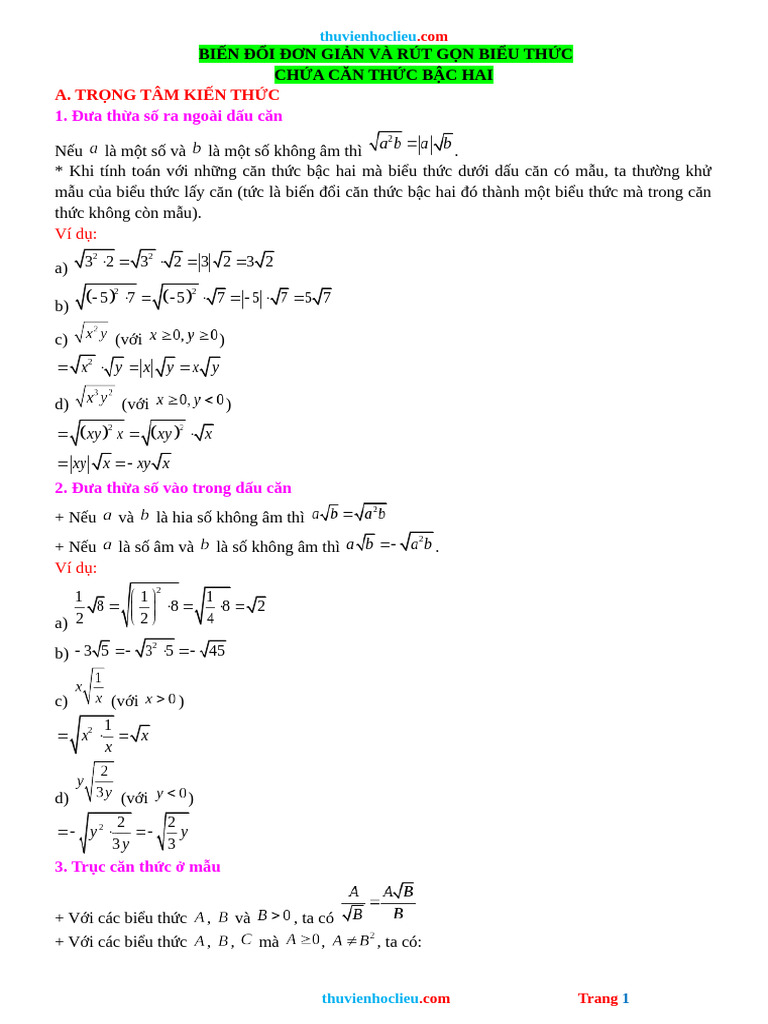 Bai 9 Bien Doi Don Gian Va Rut Gon Bieu Thuc Chua Can Thuc Bac Hai | PDF