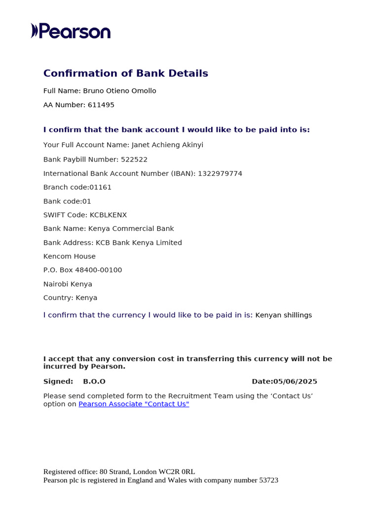 KCB Bank Details Confirmation Form | PDF