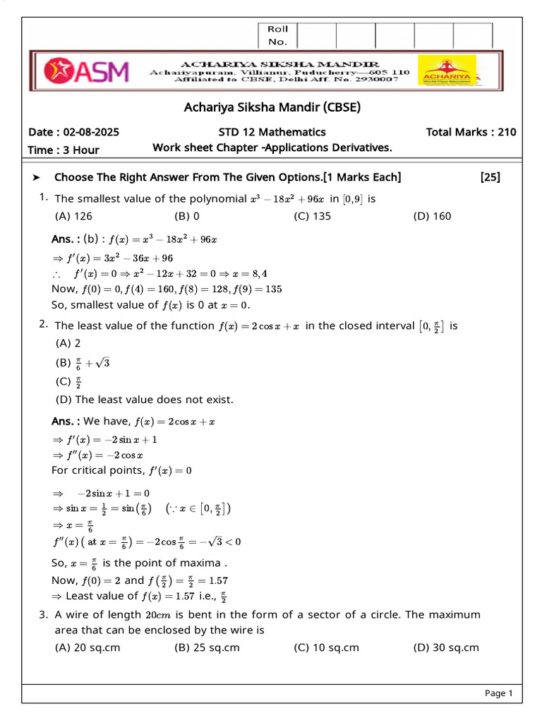 Work Sheet Chapter - 6 App - Derivatives - Solution | PDF | Monotonic Function | Mathematical ...