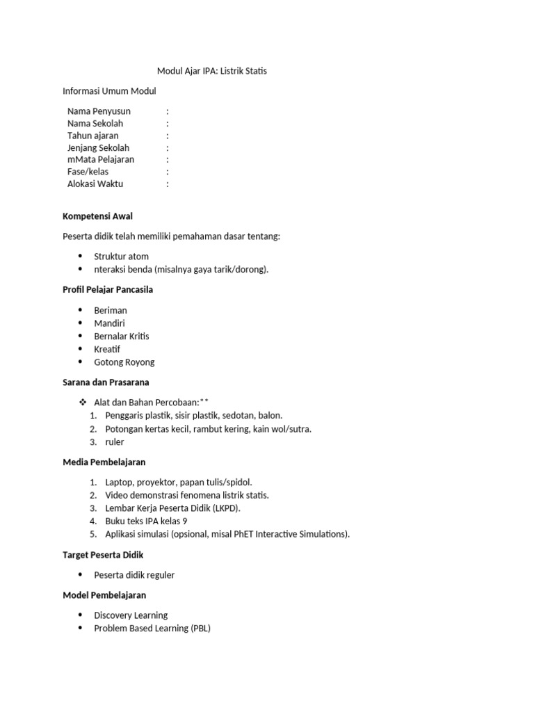 Modul Ajar Listrik Statis IPA Kelas 9 | PDF