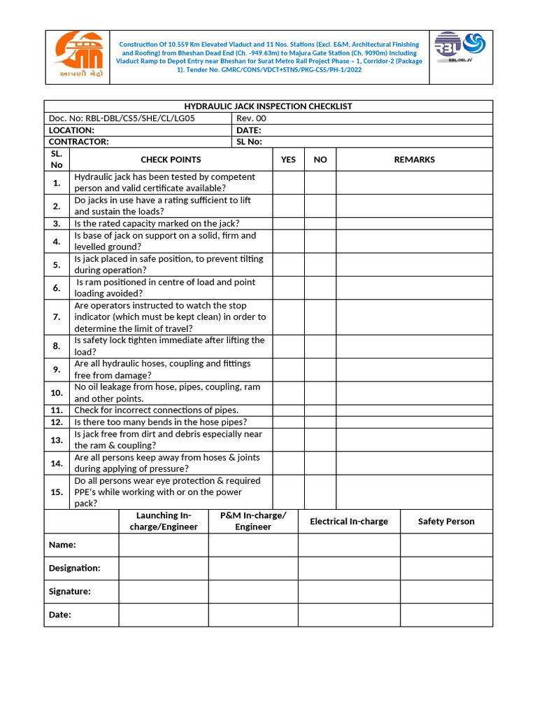 Hydraulic Jack Inspection Checklist | PDF