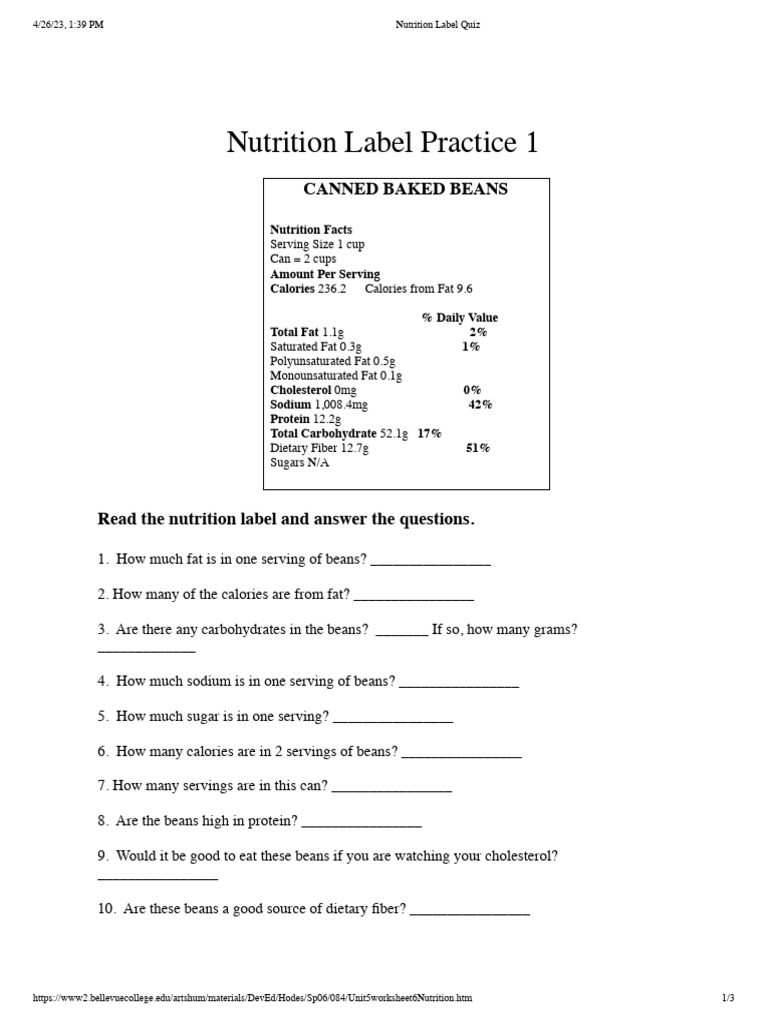 Nutrition Label Quiz | PDF | Nutrition Facts Label | Fat