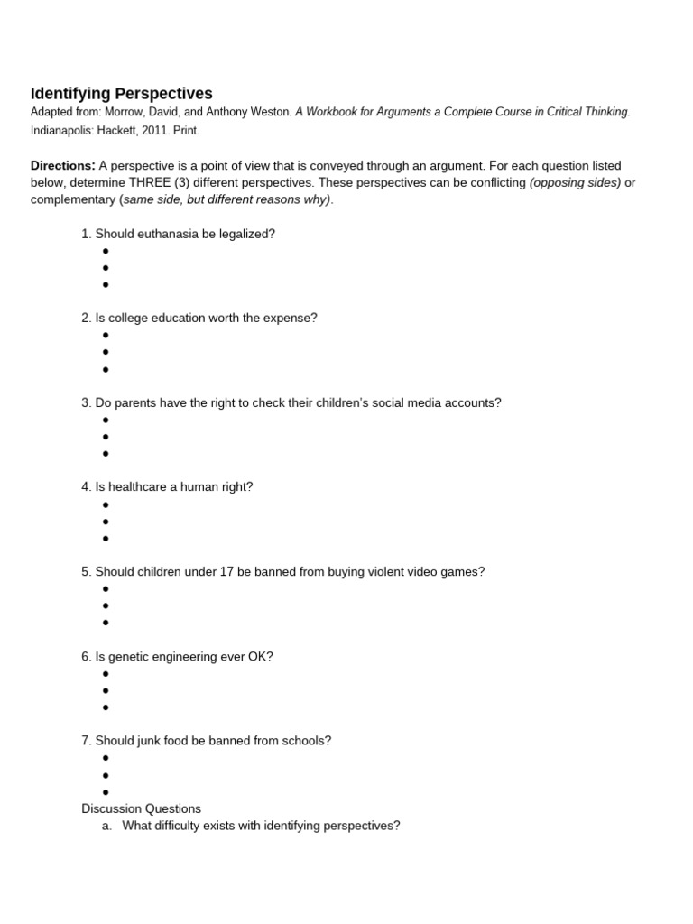 Identifying Perspectives Worksheet | PDF