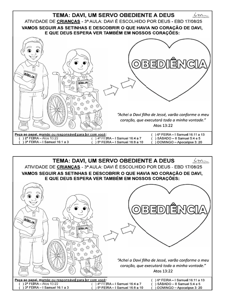 3a Aula - Atividade2 - CRI - Davi Um Servo Obediente A Deus - Davi e Escolhido Por Deus - Agosto ...