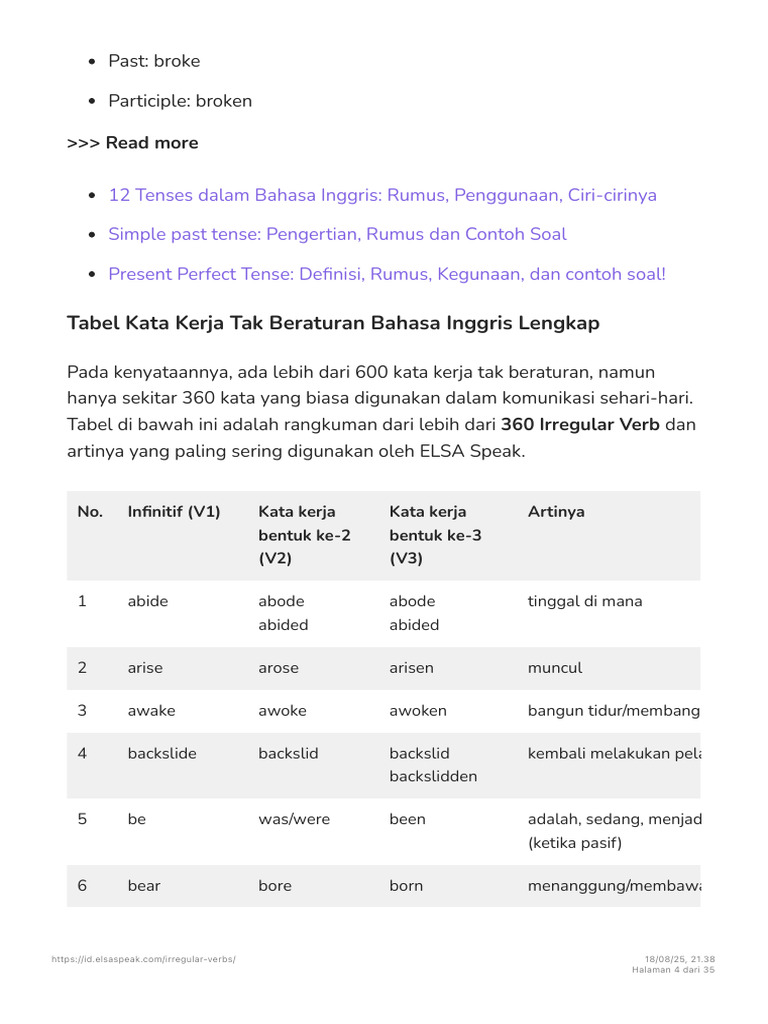 Tabel Kata Kerja Tak Beraturan Inggris | PDF