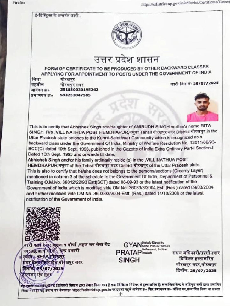 OBC Caste Certificate for Employment | PDF | Politics Of India ...