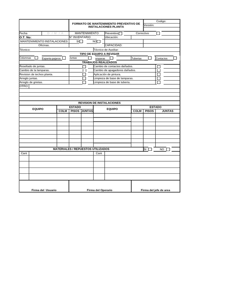 Formato Mantenimiento Planta Conversion | PDF