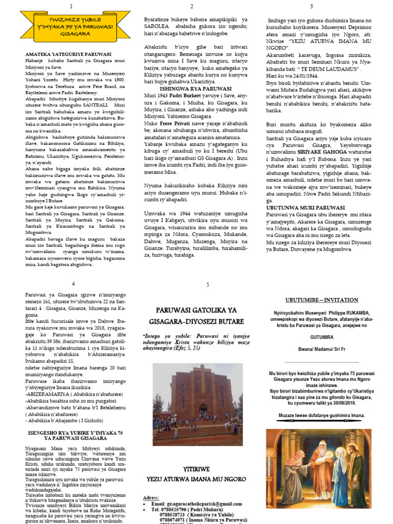 Amateka Ya Paruwasi Gisagara Imaze Imyaka 75 Ishinzwe | PDF