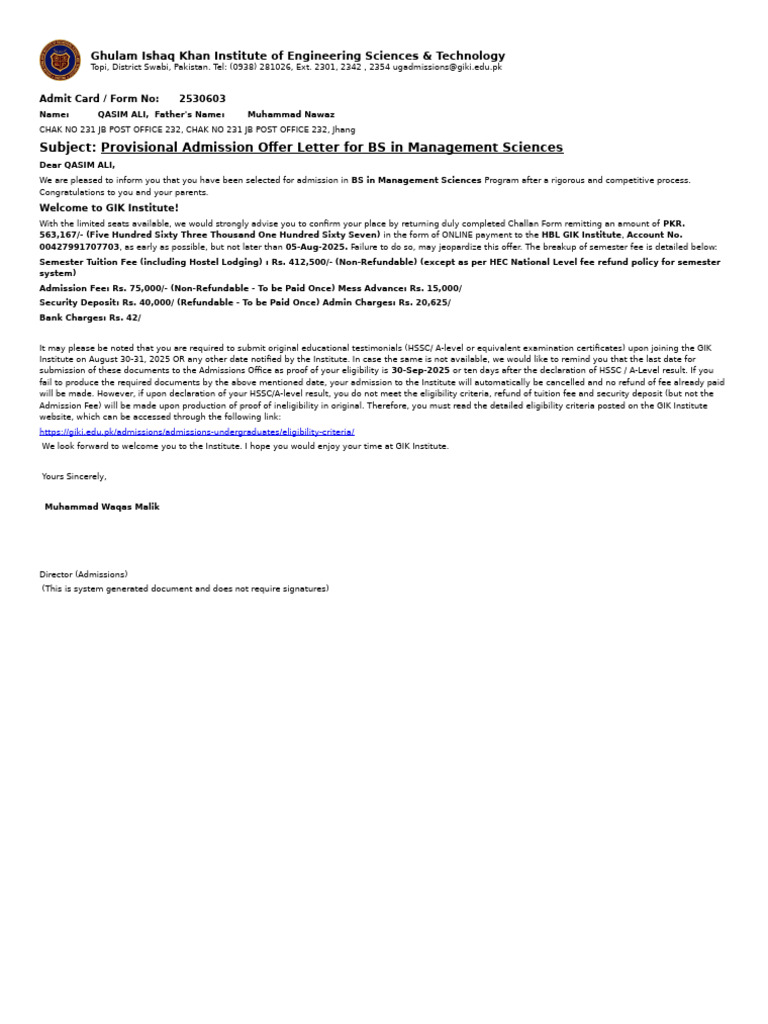 Offer Letter With Challan | PDF