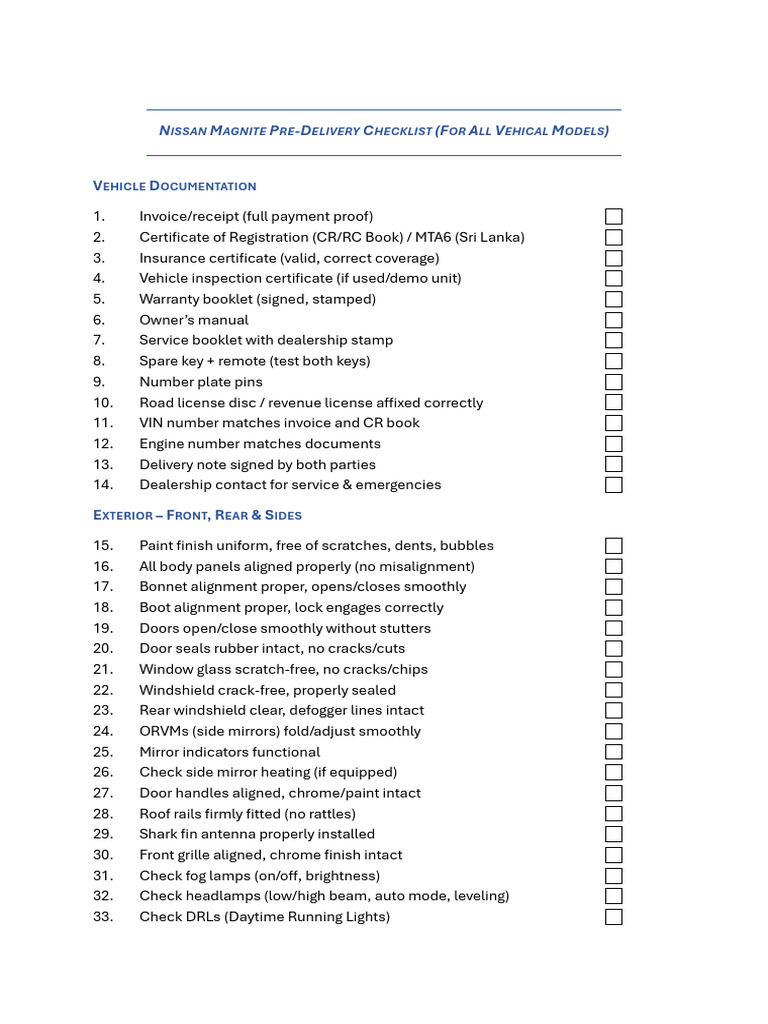 Nissan Magnite Pre-Delivery Checklist | PDF | Tire | Headlamp