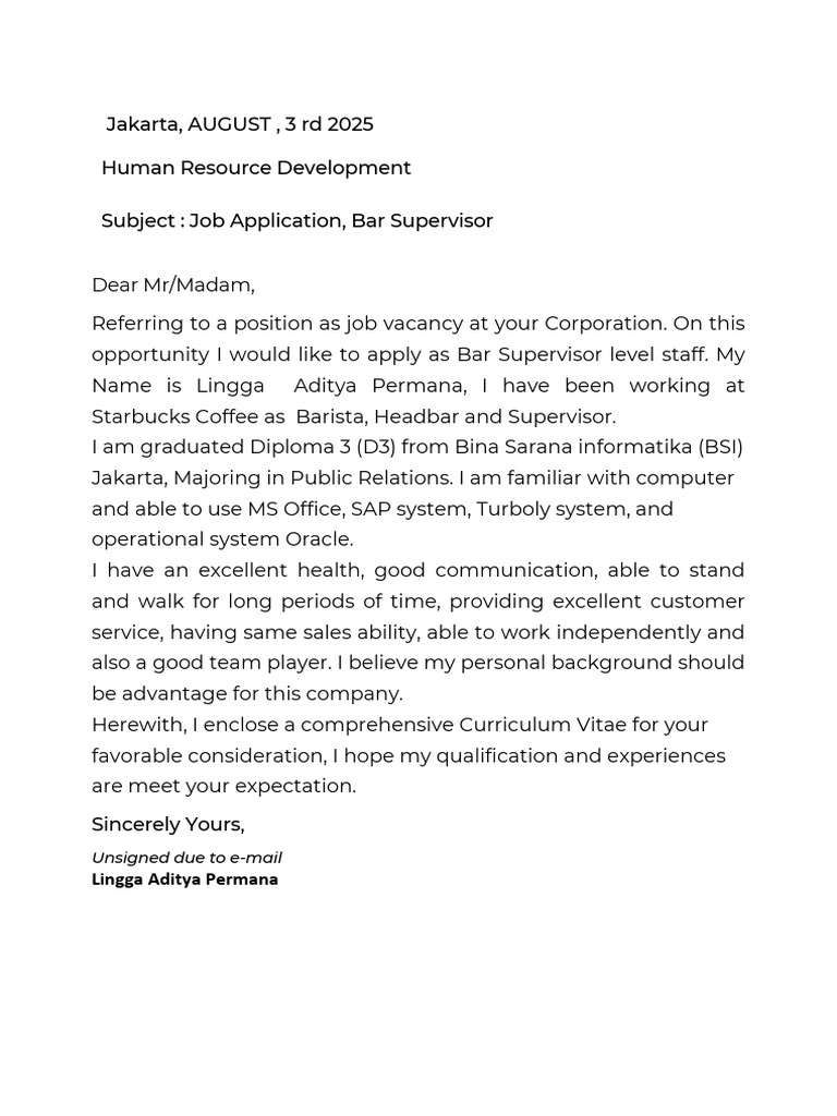 Application Letter - Lingga Aditya Perrmana LUMINOR HOTEL - PDF ...