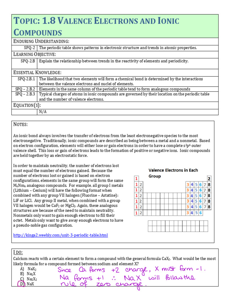 1.8 Valence Electrons and Ionic Compounds Key | PDF | Ionic Bonding ...